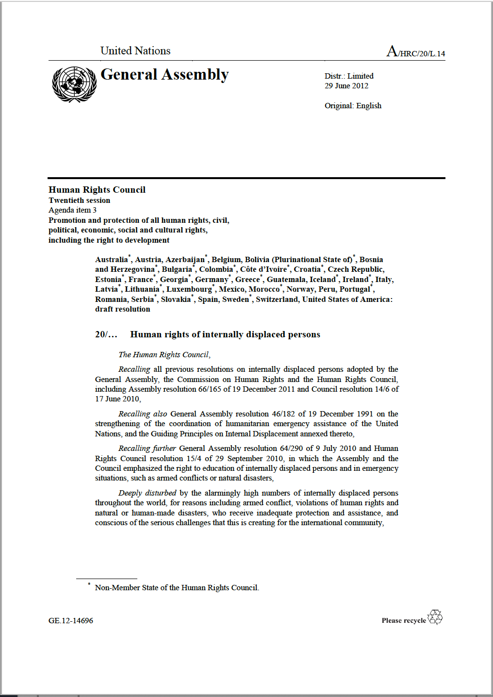 UN General Assembly - Human Rights Council Resolution (2012, A/HRC/20/L ...